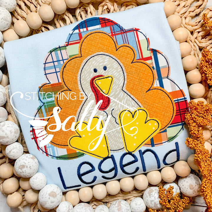 Baby Blue Turkey Shirt – Fall Plaid Appliqué in Orange & Blue
